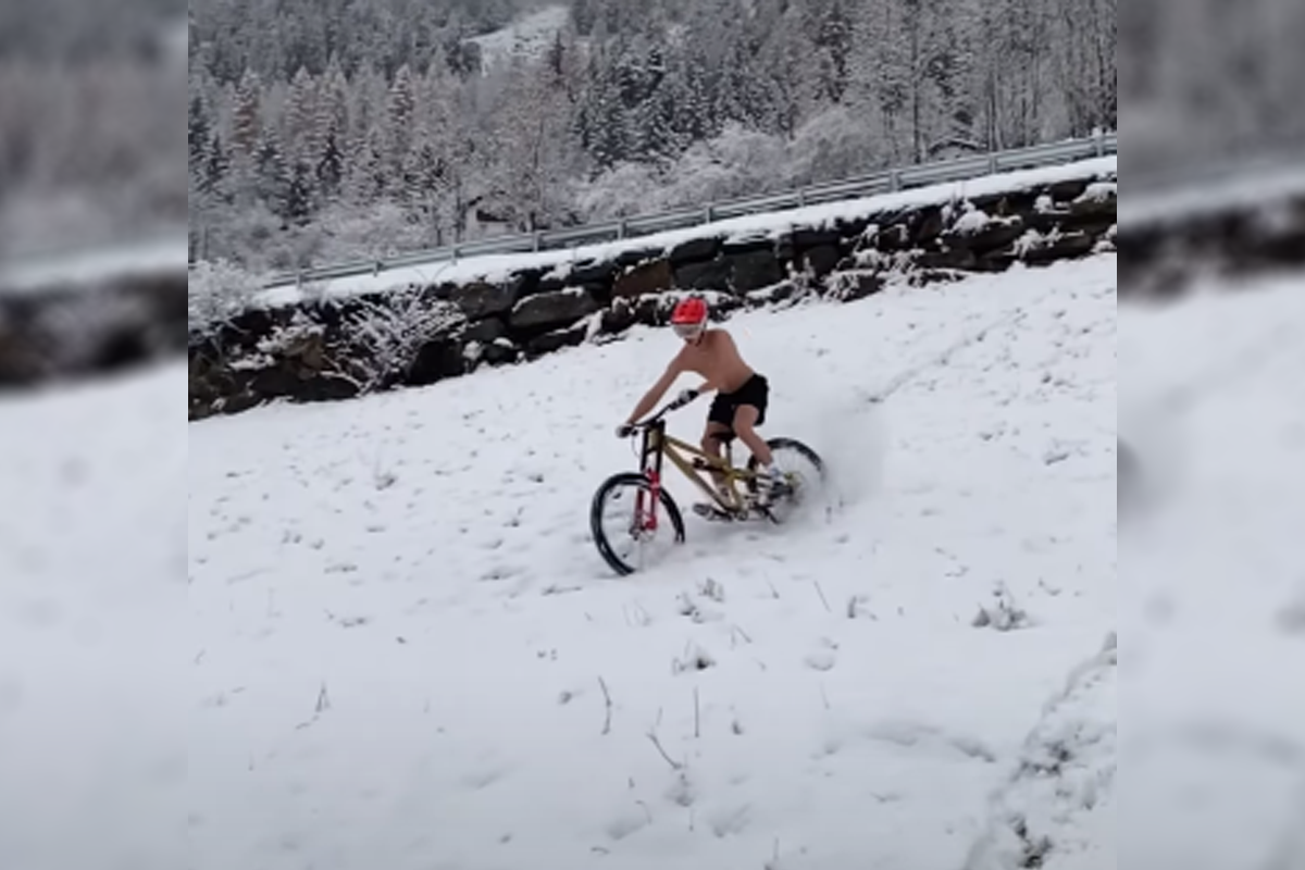 Rider Sends Snowy Hill With No Shirt On